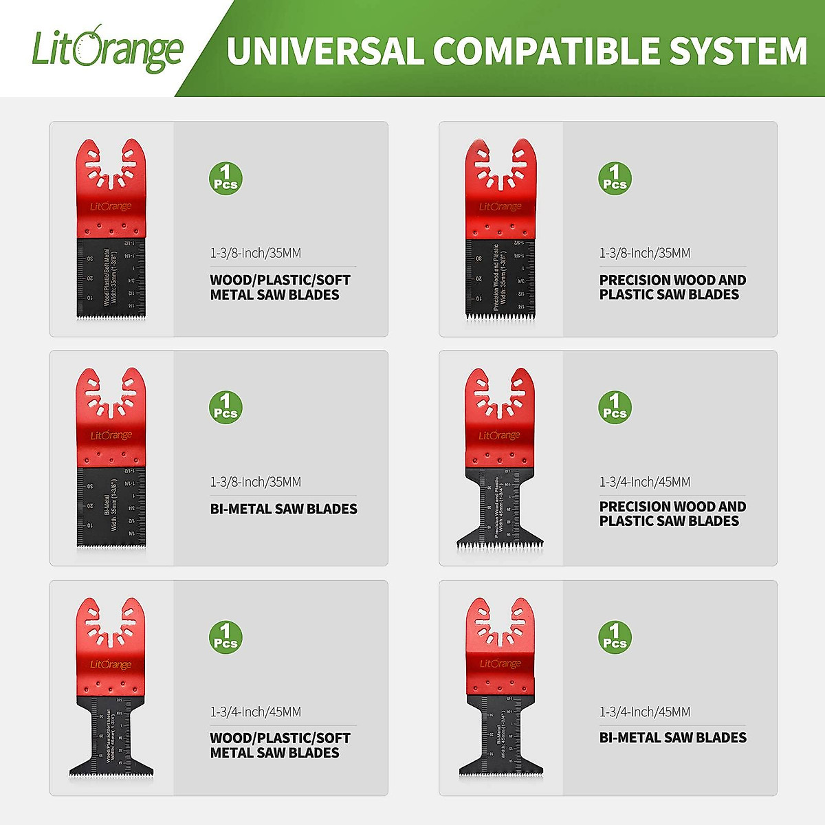 Litorange 6PCS 35mm & 1-3/4" Soft Metal/Bi-Metal/Precision Wood Cutter Saw Blades Oscillating Multi Tool,Professional Universal Oscillating Saw Blades(Pack of 6) for Wood, Metal and Hard Material