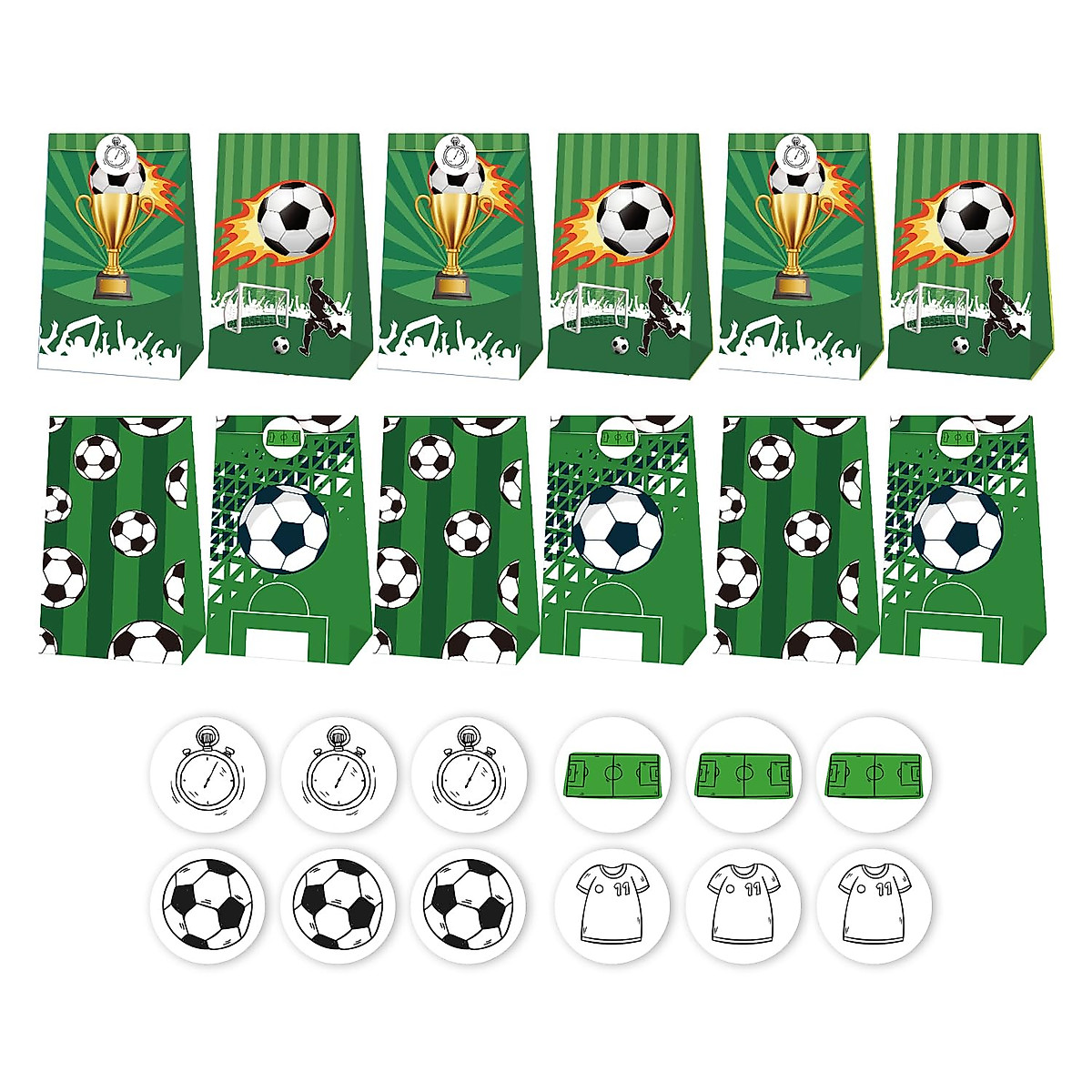 YIPAXEJE 12 Pack Paper Soccer Party Favor Bags - Ideal for Birthday Gift Bags, Snack Bags, and Party Favor Bags for Kids Birthday - Includes 12 Soccer Stickers for Customization