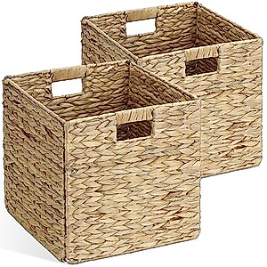 2 Pack Water Hyacinth Storage Basket ,Graciadeco Wicker Baskets for organizing, Folding Storage Cube Bins, Decorative Seagrass Shelf Basket , Storage Bins for Shelves Organizing or Decor, 12*12*12 Inches