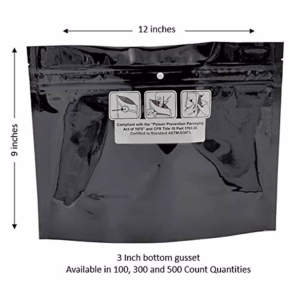 Child Resistant Exit Bags with State Compliance Symbols, Black Grip & Pull, Re-closeable, ASTM-D3475 Compliant in All States (12x9BGNP-100)