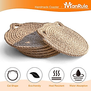 Boho Coasters for Drinks Absorbent, Set of 6 Jute Coasters for Coffee Table Dinning Table, Funny Cat Coasters 4.7 inch, Unique Farmhouse Coasters for Home Decor (4.7 inch)