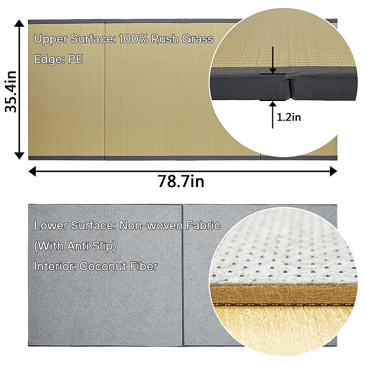 §ｈａｒｕｋｉ Japanese Tatami Mat, Thick Tatami Mat Twin Floor Mattress, Japanese Rush Grass, Used for Sleep, Meditation, Yoga, Zen Tatami Mat (Natural,78.7" L x 35.4" W x 1.2" H)