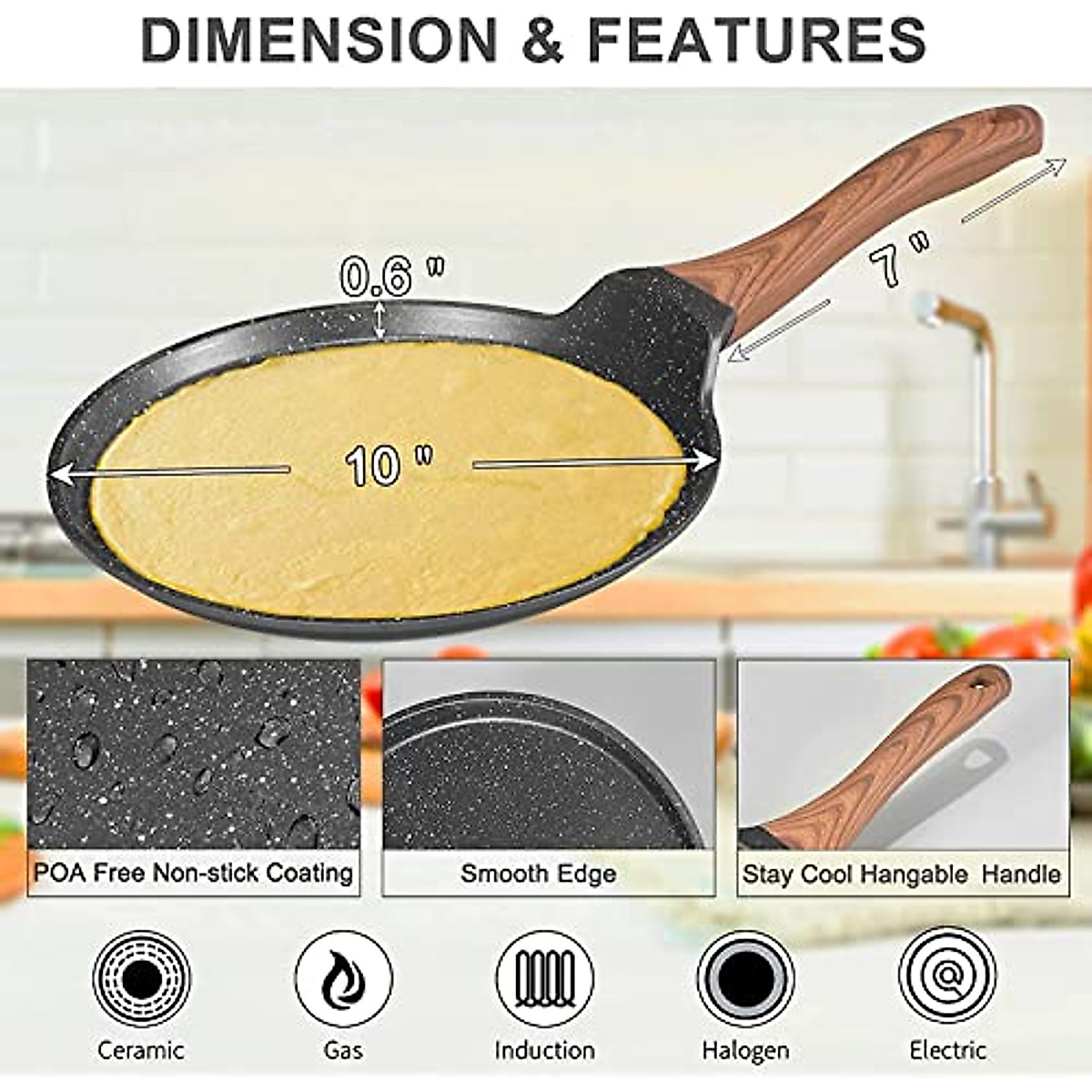 Aoorun Crepe Pan, Pancake Pan, Dosa Tawa Pan Nonstick Flat Griddle Frying Skillet Pan with Granite Coating & Solid Wood Handle for Omelette, Tortillas, Induction Compatible, 10 Inch