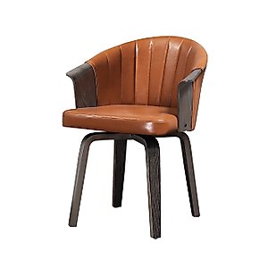 Art Leon Desk Chair No Wheels, Mid Century Modern Swivel Accent Chair, Faux Leather Upholstered Home Office Desk Chair with Wood Legs, Brown/Black Oak