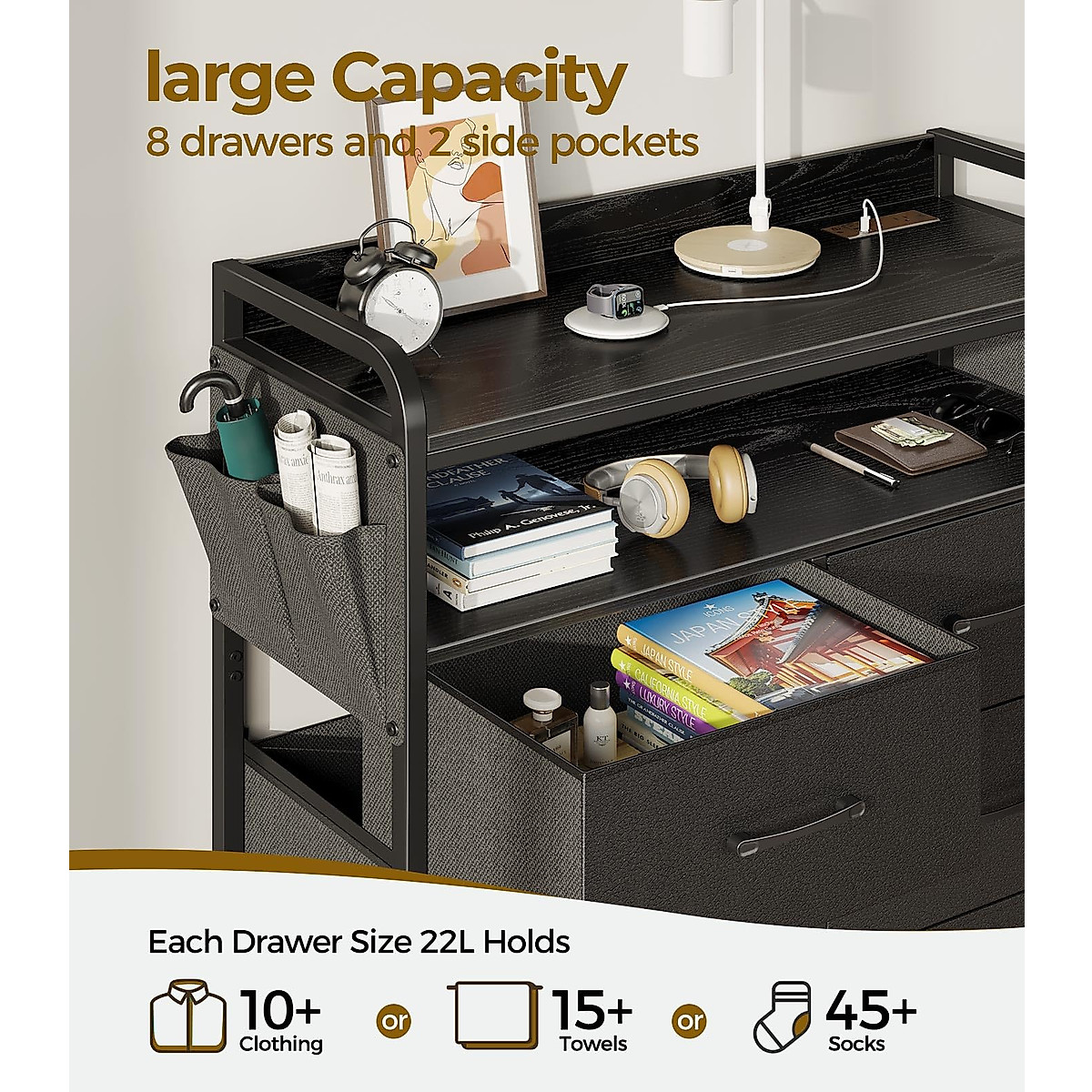 Rolanstar Dresser with Power Outlets and LED Lights, 8 Drawers Dresser with Side Pockets, Fabric Chest of Drawers with PU Finish, Tall Dresser with Sturdy Frame & Wood Top for Bedroom, Black