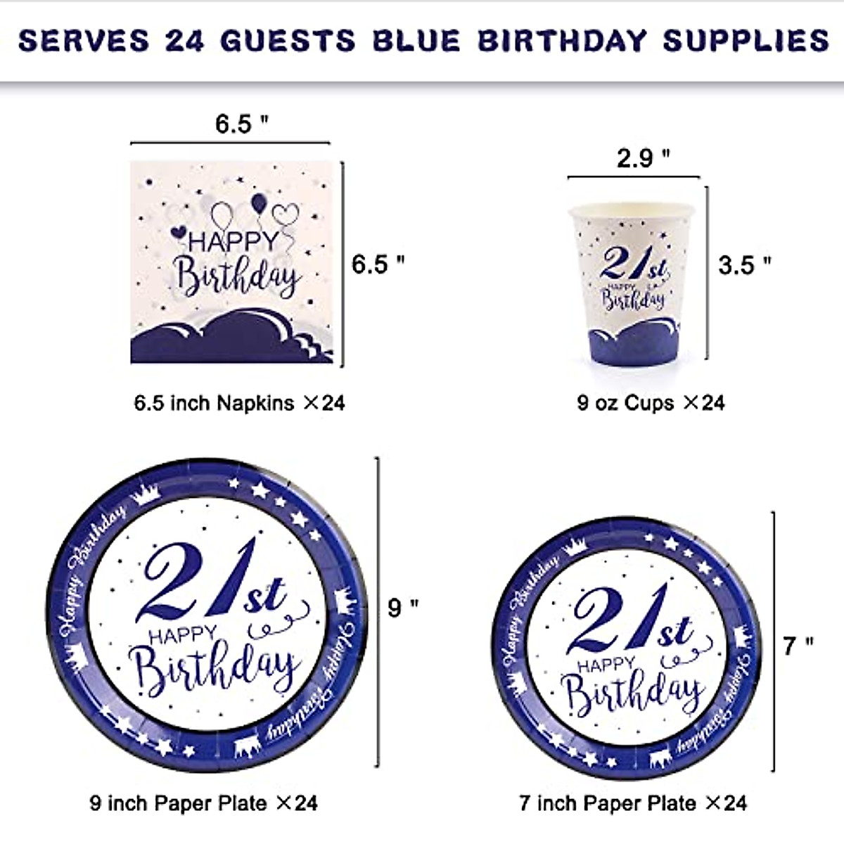 21st Birthday Decorations for Her/Him, 96pcs Happy Birthday Plates and Napkins Navy Blue Party Tableware Set Party Supplies Paper Plates Napkins Cups 21st Birthday Plates - Serves 24 Guests