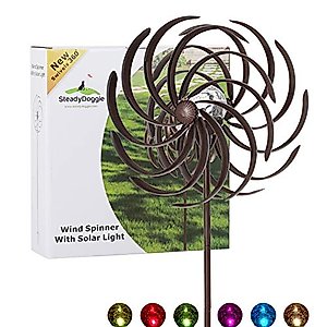 Solar Wind Spinner Willow Leaves-Improved 360 Degrees Swivel Multi-Color LED Lighting Solar Powered Glass Ball with Kinetic Wind Spinner-Metal Sculpture Construction-Outdoor Yard Lawn & Garden