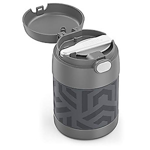 THERMOS FUNTAINER 10 Ounce Stainless Steel Vacuum Insulated Kids Food Jar with Folding Spoon, Grey And Aqua Waves