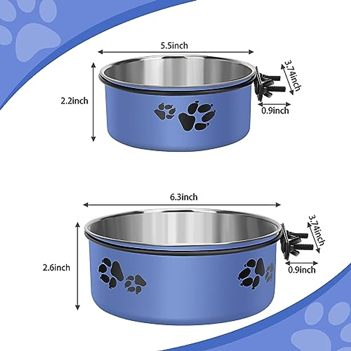 OFFKITSLY 2 Pack Stainless Steel Dog Crate Water Bowls, No Spill, Anti-Tipping, Hygienic, Easy to Clean, Cute Pattern, Perfect Size