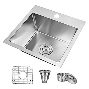 YSSOA Top-Mount Workstation Kitchen Sink, 20 Gauge Single Bowl Stainless Steel with 3 Accessories (Sink + Bottom Grid + Drain), 15-Inch, Silver