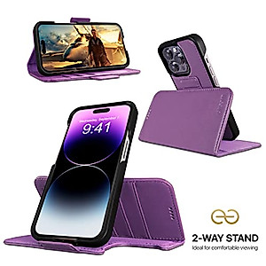 Dreem Fibonacci 2-in-1 Wallet Case for Apple iPhone 14 Pro - Luxury Vegan Leather, Magnetic Detachable Shockproof Phone Case, RFID Card Protection, Magsafe Compatible - Purple