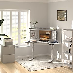 kowo L Shaped Height Adjustable Electric Standing Desk with USB C Hub & Wireless Charger, Sit Stand Corner Desk, Memory Settings, Stand Up Computer Desk Adjustable Table, White
