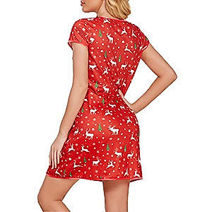 Ekouaer Womens Nightgown Sleep Shirt Dress Satin Patchwork Short Sleeve Sleepwear with Pocket Red Christmas XL