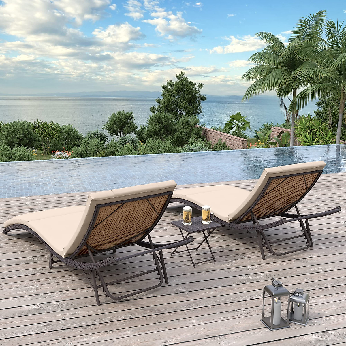 ALAULM Pool Lounge Chairs Outdoor Adjustable Chaise Lounge Chairs w/Sponge Cushion,2 Foldable & Portable Chairs and 1 Table for Poolside Patio Courtyard Seaside,Sand