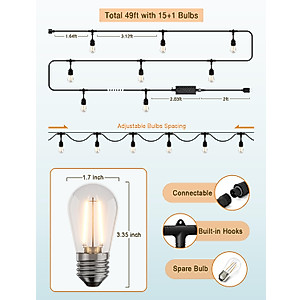 XMCOSY+ Outdoor String Lights, Smart Patio Lights 49Ft, APP WiFi Control, Work with Alexa, 15 LED Edison Bulbs, Waterproof, Extendable, Dimmable String Lights for Outside, Patio, Porch