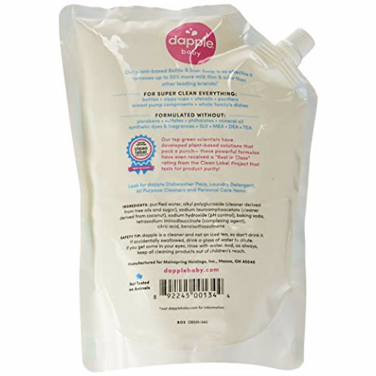 Dapple Refill Pack Baby Bottle and Dish Liquid, Fragrance Free, 34 Fluid Ounce