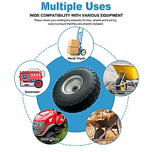2-Pack of 4.10/3.50-4" Wheels Diameter 10" Flat Free Solid PU Tire,Steel Rim with 6003-2RS 5/8" Ball Bearing and 2.25" Offset Hub,for Hand Truck,Wheelbarrow,Utility Wagon,All Purpose Utility Tire.