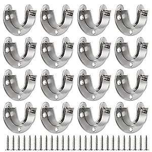 16 PCS Stainless Steel Closet Rod Brackets, 1 Inch Dia Heavy Duty Socket Flange Rod Holder, Shower Curtain Rod Pole End Supports, Open Type Wardrobe Bracket Holder with Screws U-Shaped, Silver