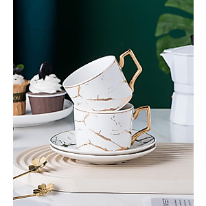 Jusalpha Serve of 4- Hand Printed Golden Matte Ceramic Marble Tea Coffee/Tea Cups with Spoons and Cup Holder, 7OZ -TCS26 (White/Gold, Serve of 4)