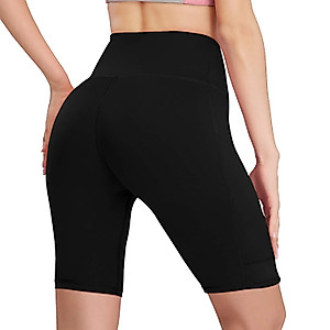 HISKYWIN 5"/8" Inseam High Waist Women Yoga Shorts Compression Exercise Workout Running Shorts Pockets F18010-Black-M