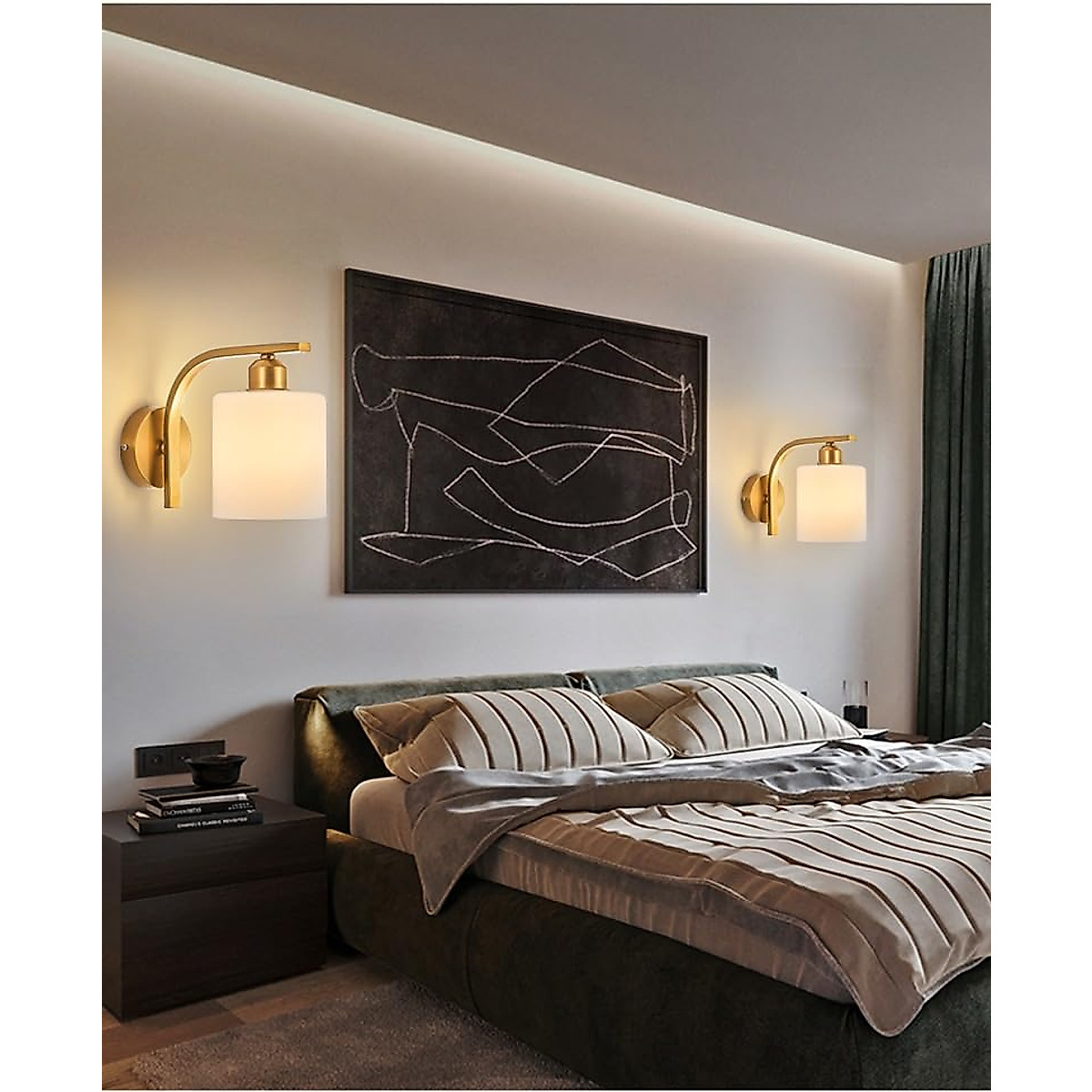 KEFA Modern Battery Operated Wall Sconce Set of 2, Gold Sconces Wall Lighting with Remote Control,Dimmable Cordless Wall Lamp Non Hardwired Bedside Lamp Wall Mounted Cordless for Fireplace, Mirror