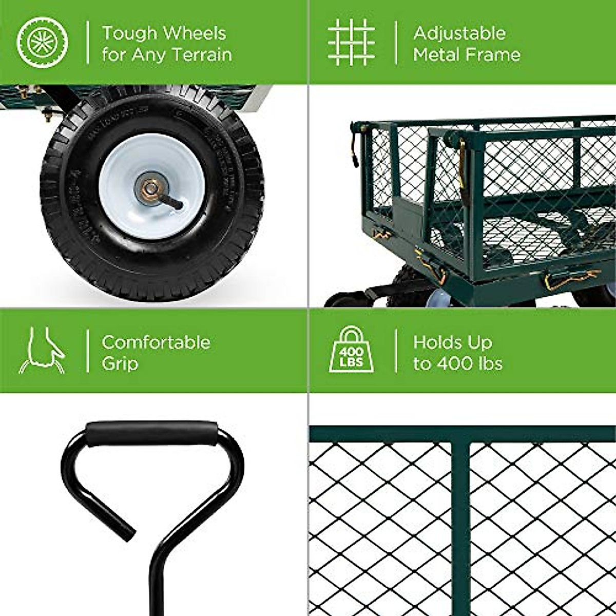 Best Choice Products Utility Garden Cart Wagon for Lawn, Yard w/Heavy-Duty Steel 400lb Weight Capacity, Removable Sides, Long Handle, 10in Tires - Green