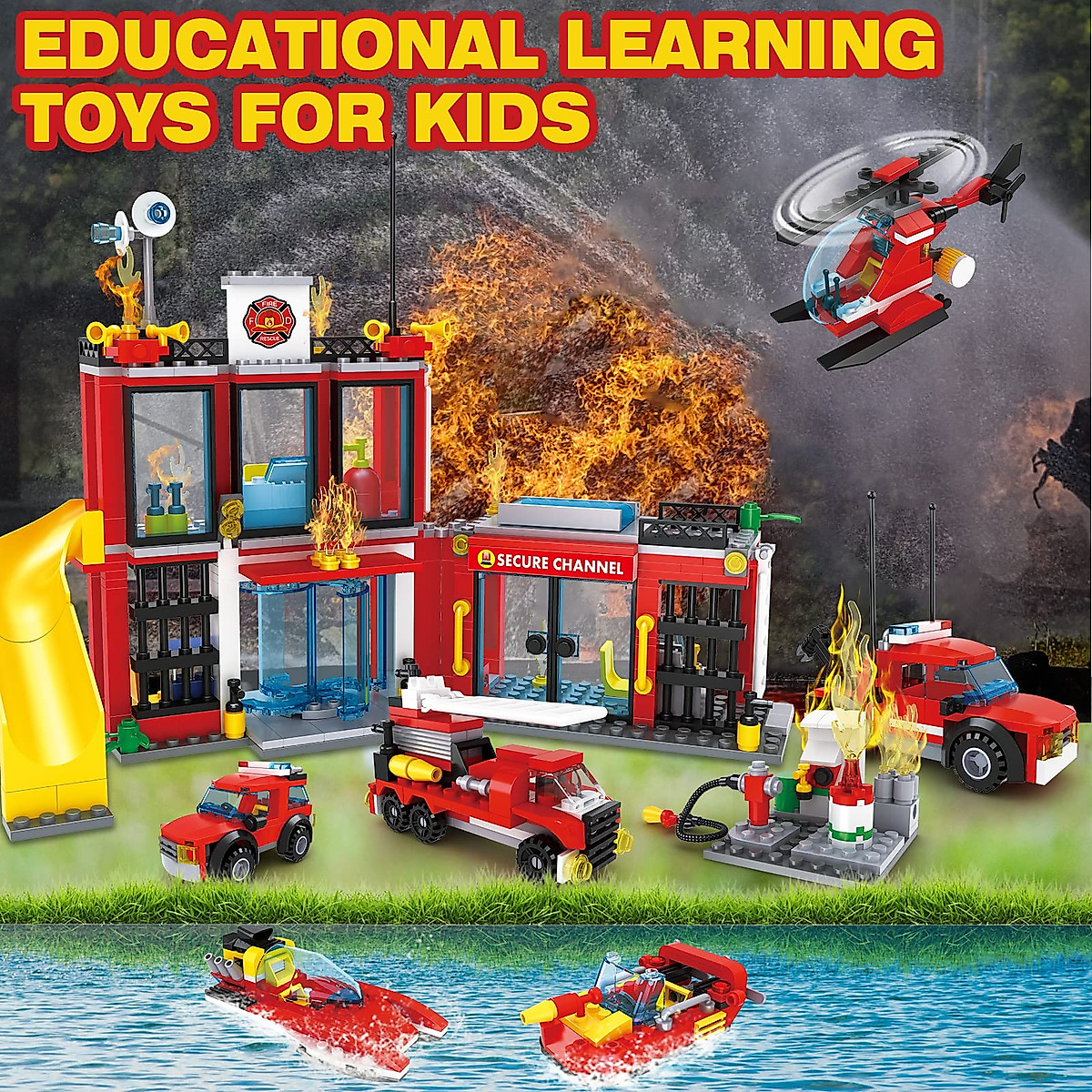 City Rescue Car Building Blocks Toy, Roleplay Parent-Child Set, Firefighter Kit with Fire Truck, Life Boat, Helicopter, Fire Extinguisher Educational Toys Thanksgiving Gift for Kid 6+ (Fire Station)