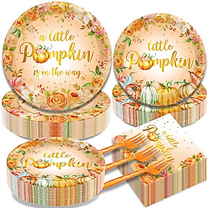 Kepeel 200Pcs Fall Little Pumpkin Baby Shower Plates and Napkins Set, Autumn A Little Pumpkin is on The Way Party Supplies Decorations Thanksgiving Baby Shower Birthday Party Tableware Kit, Serves 50
