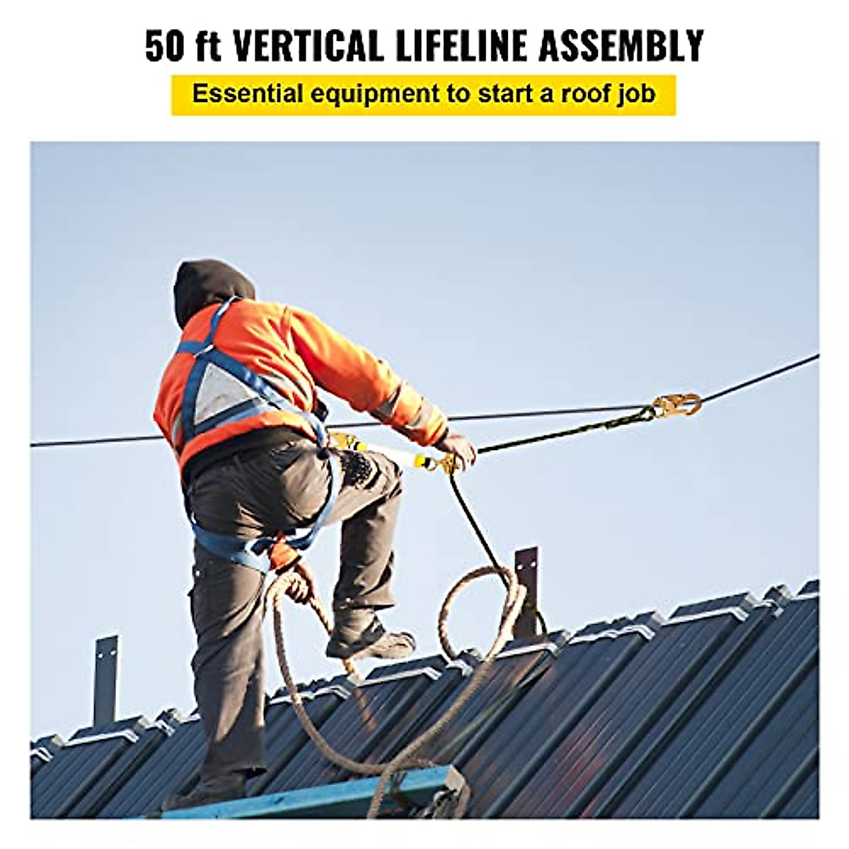 VEVOR Climbing Rope, Fall Protection Safety Rope, 25 50 100 150ft Vertical Tree Stand safety Rope Line Kit Safety Harness for Roofing Work with Alloy Steel Rope Grab, Two Snap Hooks, Shock Absorber