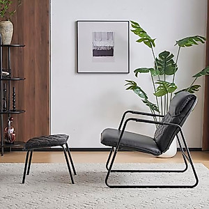 Penifun Accent Chair and Ottoman Set, PU Leather Upholstered Comfy Side Leisure Lounge Armchair with Metal Frame & Lattice Back, Footstool for Living Room, Black