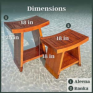 Teak Shower Bench - Fully Assembled 18 Inch Shower Stool with Shelf | Water Resistant Shower Benches for Inside Shower to Sit On | Shower Chair for Bathroom, Spa, Garden | Adjustable Non-Slip Feet