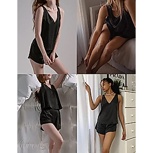 Ekouaer Women Silk Satin Pajama Set V Neck Pj Short Set Sleeveless Silky Tank Lounge Set Sleepwear Black Small