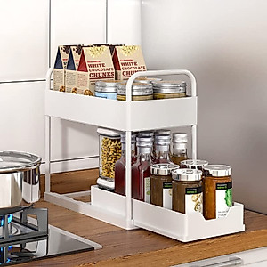 3 Tier Under Sink Organizers and Storage, Kitchen Bathroom Cabinet Organizer with Hooks,Cabinet Basket Storage Shelf,White