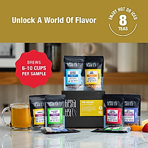 Tiesta Tea Top 8 Favorites Sampler Set, Up to 80 Cups, High to No Caffeine, Hot & Iced Tea, Loose Leaf Tea Variety Pack with Green, Herbal, Black & Chai Tea, 8 Sample Pouches