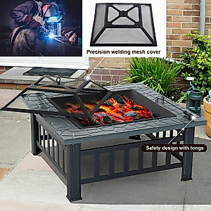 Fire Pit, 32” Outdoor Metal Fire Pit Table with Durable Steel Frame, Poker & Mesh Cover, Wood Burning Square Fireplace Backyard Patio Stove for Camping Picnic Bonfire BBQ, Black