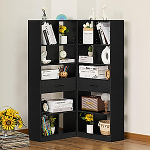 LELELINKY 6 Tier Open Bookshelf Mid Century Modern Bookcase, Wood Book Shelf with 8 Cubes and a Drawer, Floor Freestanding Bookshelves Cube Storage Organizer for Bedroom, Living Room, Office (Black)