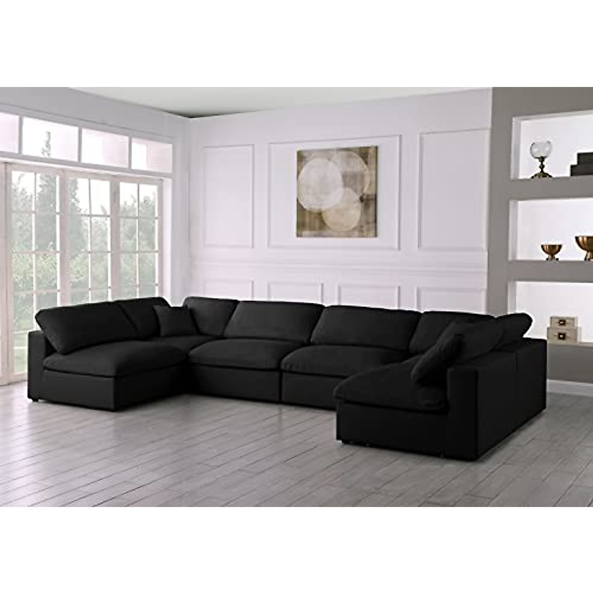 Meridian Furniture Plush Collection Contemporary Down Filled Cloud-Like Comfort Overstuffed Velvet Upholstered Modular U-Shaped Sectional, 6-Seater, Armless, Black