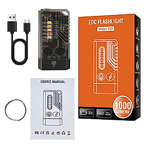 Hisim Mini Powerful Keychain Bright 1000 Lumens EDC Flashlight with 14 Lighting Modes, 365NM UV Light COB Side Light IPX4 Pocket Tail Magnet Buzzer Alarm Rechargeable Flashlight Black