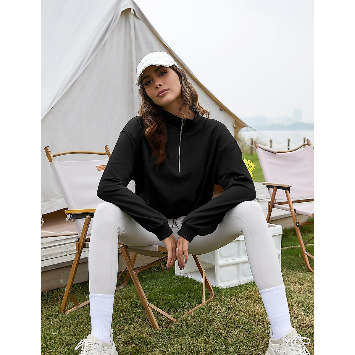 Flygo Womens Half Zip Sweatshirts Stand Collar Activewear Running Workout Pullover Tops(Black-S)