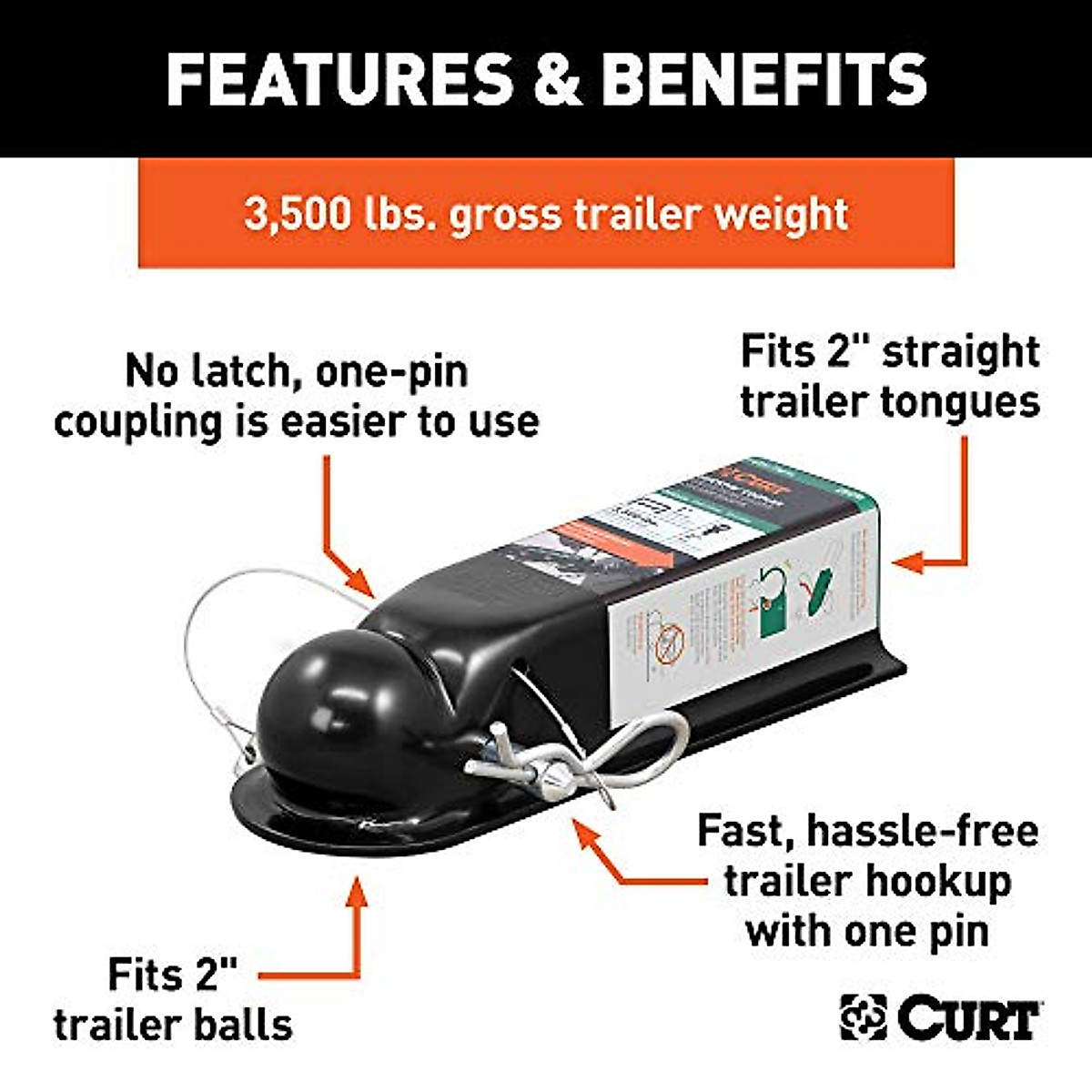 CURT 25470 QuickPin No-Latch Trailer Coupler for 2-Inch Hitch Ball, 2-in Channel, 3,500 lbs