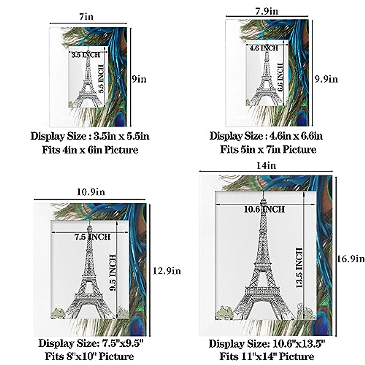 Peacock Feather 8x10 Picture Frame, Boho Wooden Photo Frame for Wall Mounting or Tabletop Living Room Bedroom Home Decor