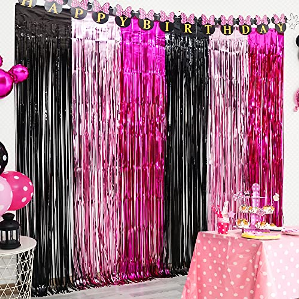 LOLStar 3 Pack Minnie Birthday Party Supplies,3.3x6.6 ft Black Pink Fuchsia Tinsel Foil Fringe Curtains,Cartoon Mouse Photo Booth Prop Streamer Backdrop,Minnie Themed Party Decoration for Girls Babies