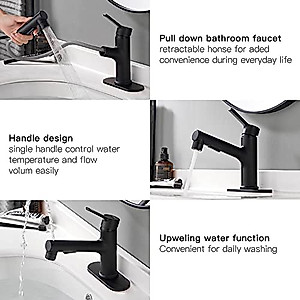 LAZ HOME Bathroom Sink Faucet with Pull Out Sprayer,Three Water Flow Modes Brass Single Handle Black Bathroom Basin Faucet for Hot and Cold Water Vanity Basin Faucet with Sprayer