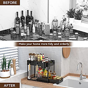 GAOLINE 2 Pack 2 Tier Under Sink Organizers and Storage with 8 Hooks, 4 Long Bulkheads, 4 Short Bulkheads & 2 Hanging Cups, Double Sliding Drawers Cabinet Basket Organizer, Up to 15 inches High, Black