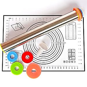 Adjustable Rolling Pin with Thickness Rings for Baking, Stainless Steel Desgins Dough Roller Pins with Silicone Pastry Nonstick Mat for Cookie Decorating Baking Supplies Fondant Cake Baker Gift