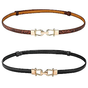 2pcs Skinny Waist Belt for Women, Adjustable Thin Waist Belts Stylish Leather Belt with Gold Buckle Skinny Leather Belt Women Skinny Belt for Shirts Dress (Black, Brown)