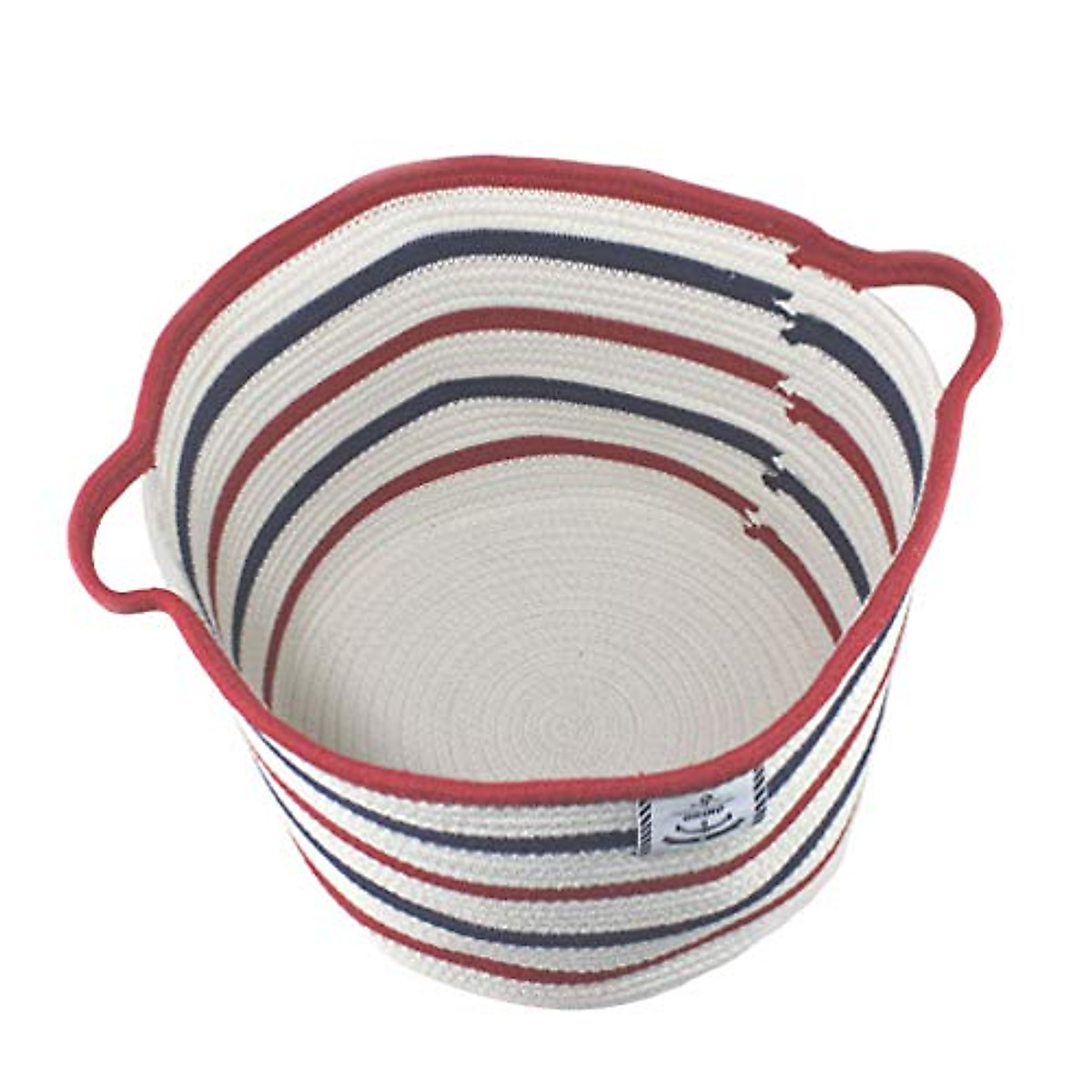 Orino Nautical Large Cotton Rope Storage Baskets with Handle, Soft Durable Laundry Baskets Nursery Hamper Organizer for Kids Toys (15.8x15x11.8 inch, Blue&Red Stripe American Flag Style)