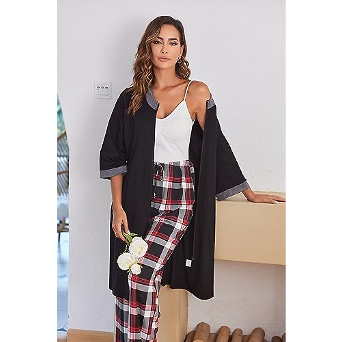 Ekouaer Women Pajama Pants Comfy Pj Bottom with Pockets Stretch Plaid Sleepwear Black and Wine Red Plaid Small