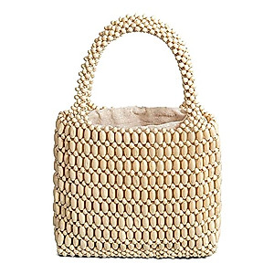 Sushinejing Tote Bag for Women Small Handmade Tote Purse Wood Beaded Retro Handbag (White)