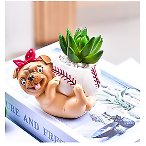 Cute Puppy Play Baseball Flowerpot with Drainer Garden Flowerpot Resin Succulent Potted Bonsai Plant Stand Home Desk Mini Ornaments Without PlantsWang Xingren Stadium Flower Pot Baseball
